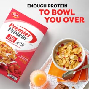 Post Premier Protein Mixed Berry Almond Cereal, Protein Cereal Flakes Mixed with Dried Berries and Sliced Almonds, Contains 20g of Protein Per Serving, 9 OZ Box