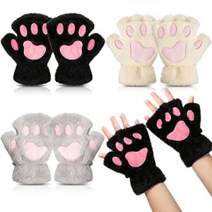 geyoga cat paw gloves 3 pairs kawaii gloves cosplay faux fur plush cat gloves lion paws fingerless gloves for girls women(black, white, gray)