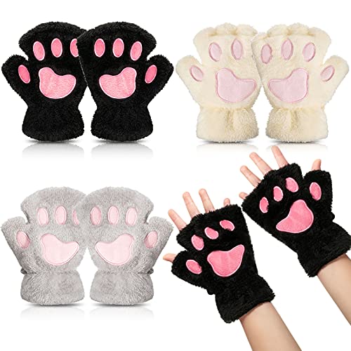 Geyoga Cat Paw Gloves 3 Pairs Kawaii Gloves Cosplay Faux Fur Plush Cat Gloves Lion Paws Fingerless Gloves for Girls Women(Black, White, Gray)