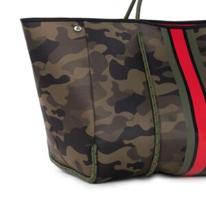 Haute Shore - Greyson Soho Neoprene Tote Bag w/Zipper Wristlet Inside, Green Camo W/Olive, Black, & Red Stripe