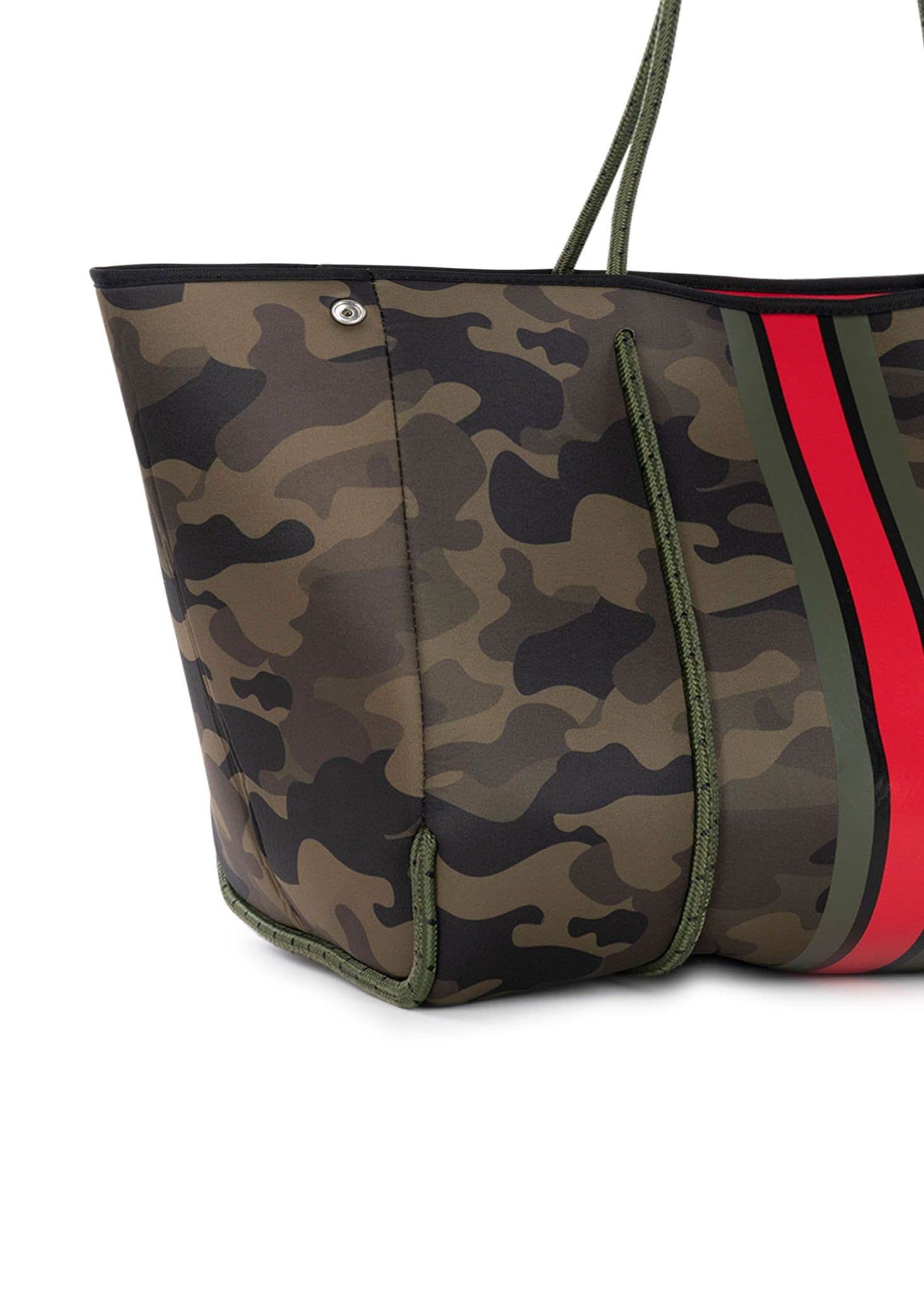 Haute Shore - Greyson Soho Neoprene Tote Bag w/Zipper Wristlet Inside, Green Camo W/Olive, Black, & Red Stripe