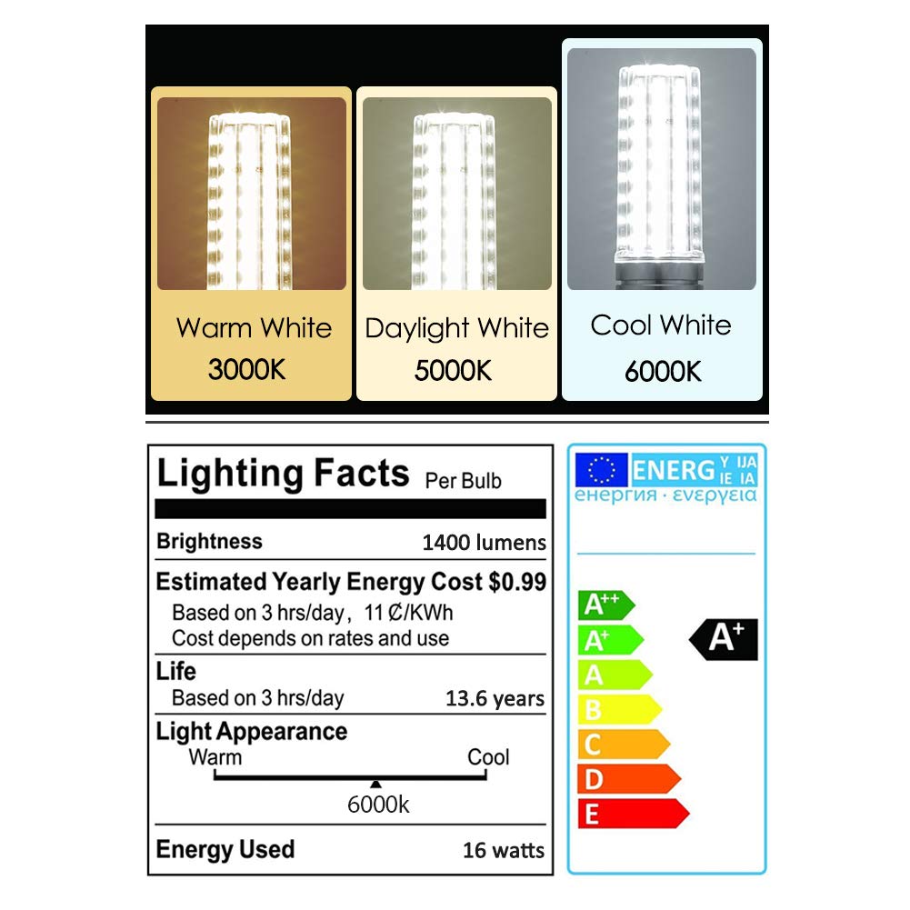 LDSZM LED Corn Light Bulb 120W Equivalent 1400 Lumen 6000K Cool Daylight 16W E26/E27 Base Non-dimmable Ceiling Fan Corn Lighting for Home Garage Warehouse Indoor LED Corn Bulbs 4 Pack