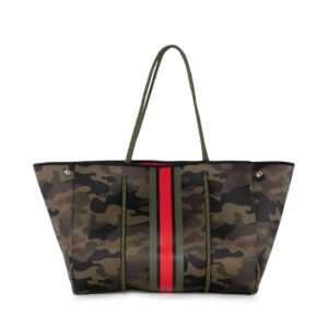 Haute Shore - Greyson Soho Neoprene Tote Bag w/Zipper Wristlet Inside, Green Camo W/Olive, Black, & Red Stripe