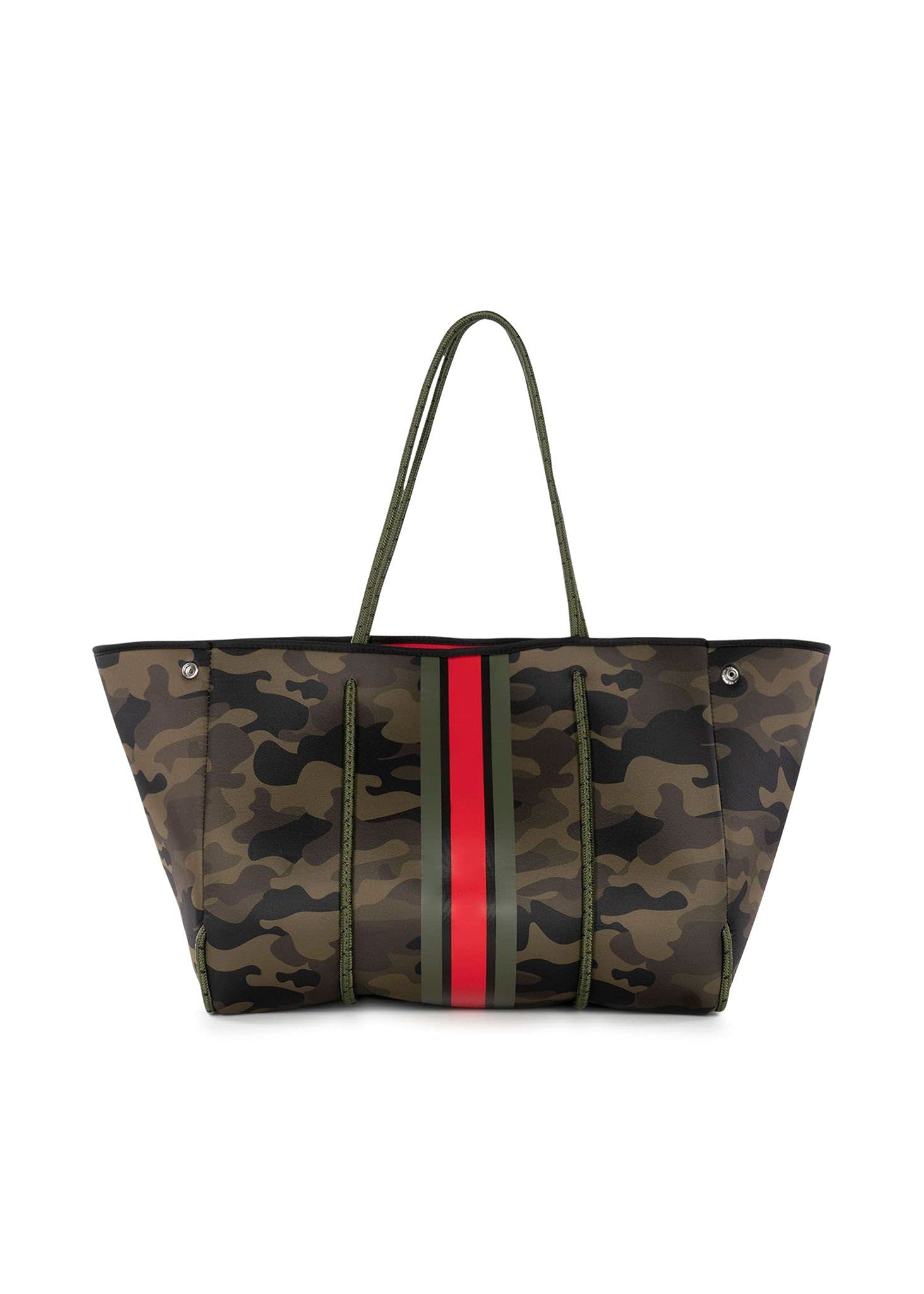 Haute Shore - Greyson Soho Neoprene Tote Bag w/Zipper Wristlet Inside, Green Camo W/Olive, Black, & Red Stripe