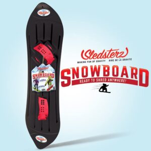 the original geospace sledsterz kids beginner snowboard for winter fun on snow, with adjustable step-in bindings; for kids between 4 to 12 years old (black/red bindings)