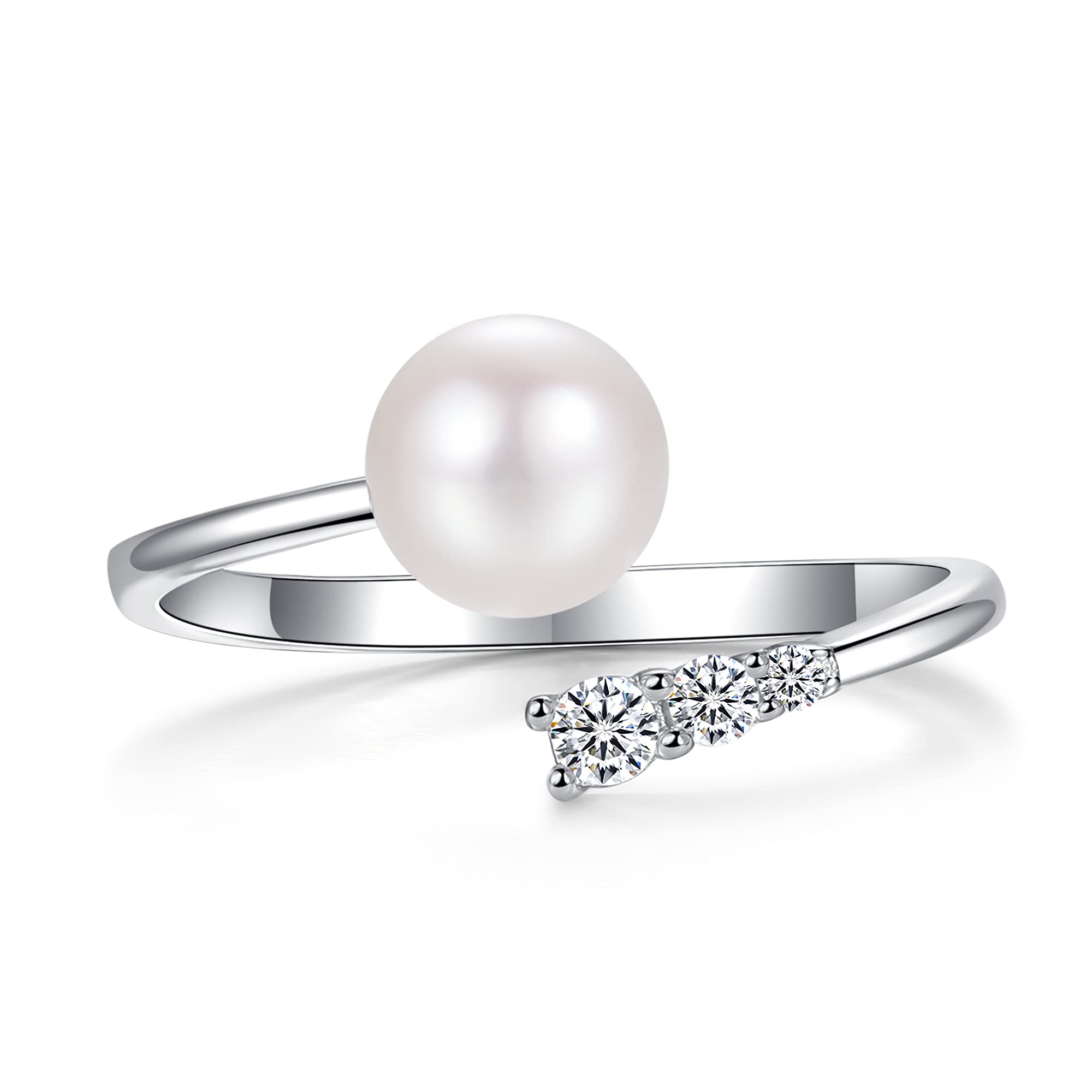 Freshwater Pearl Ring Sterling Silver Rings for Women 925 Adjustable with Cubic Zirconia Open June Birthstone Rings with Real Round Genuine Cultured Stackable