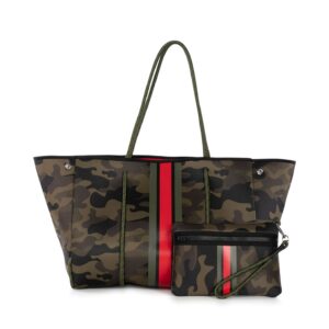 Haute Shore - Greyson Soho Neoprene Tote Bag w/Zipper Wristlet Inside, Green Camo W/Olive, Black, & Red Stripe