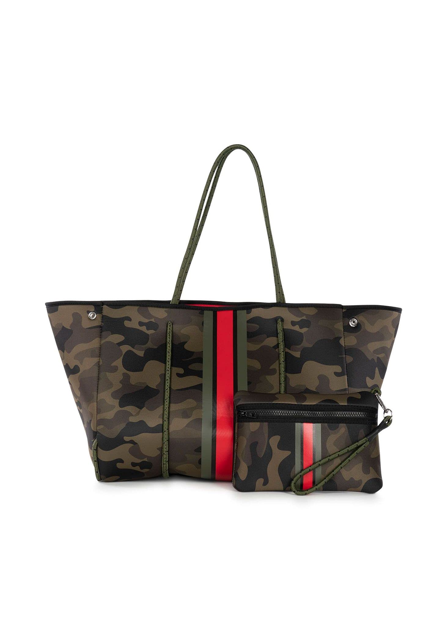 Haute Shore - Greyson Soho Neoprene Tote Bag w/Zipper Wristlet Inside, Green Camo W/Olive, Black, & Red Stripe