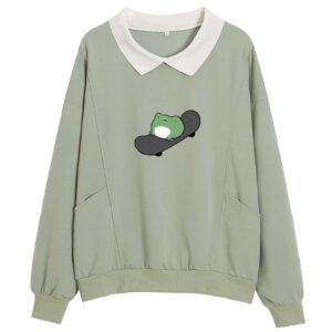 wrenpies frog skateboarding sweatshirt with collar hoodie cotton pullover aesthetic hoodies for teen girls top kawaii clothes (green,m)