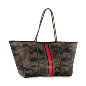 Haute Shore - Greyson Soho Neoprene Tote Bag w/Zipper Wristlet Inside, Green Camo W/Olive, Black, & Red Stripe