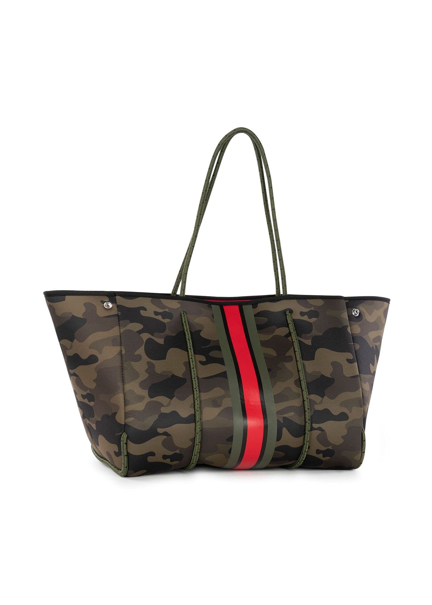 Haute Shore - Greyson Soho Neoprene Tote Bag w/Zipper Wristlet Inside, Green Camo W/Olive, Black, & Red Stripe