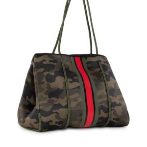 Haute Shore - Greyson Soho Neoprene Tote Bag w/Zipper Wristlet Inside, Green Camo W/Olive, Black, & Red Stripe