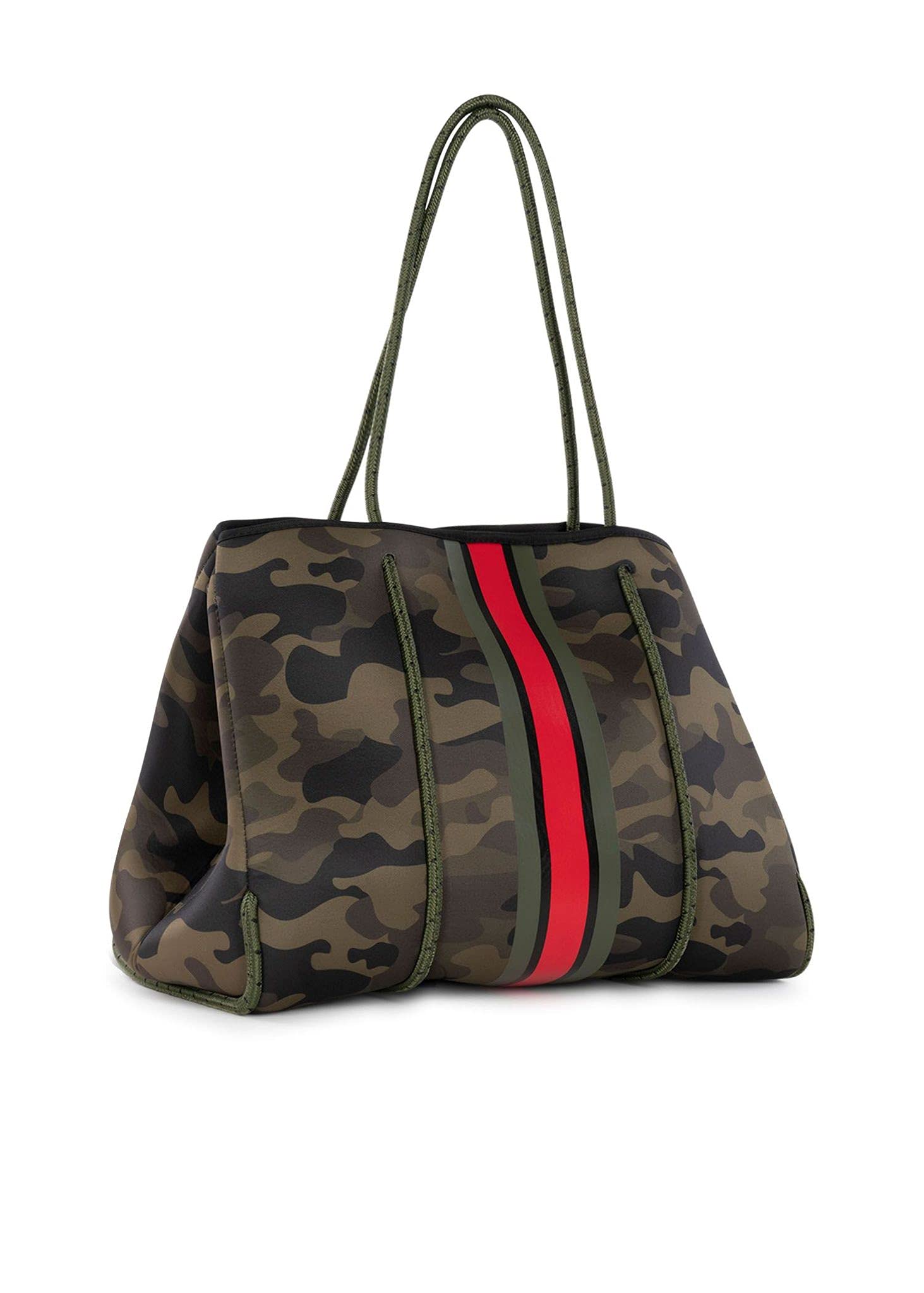 Haute Shore - Greyson Soho Neoprene Tote Bag w/Zipper Wristlet Inside, Green Camo W/Olive, Black, & Red Stripe