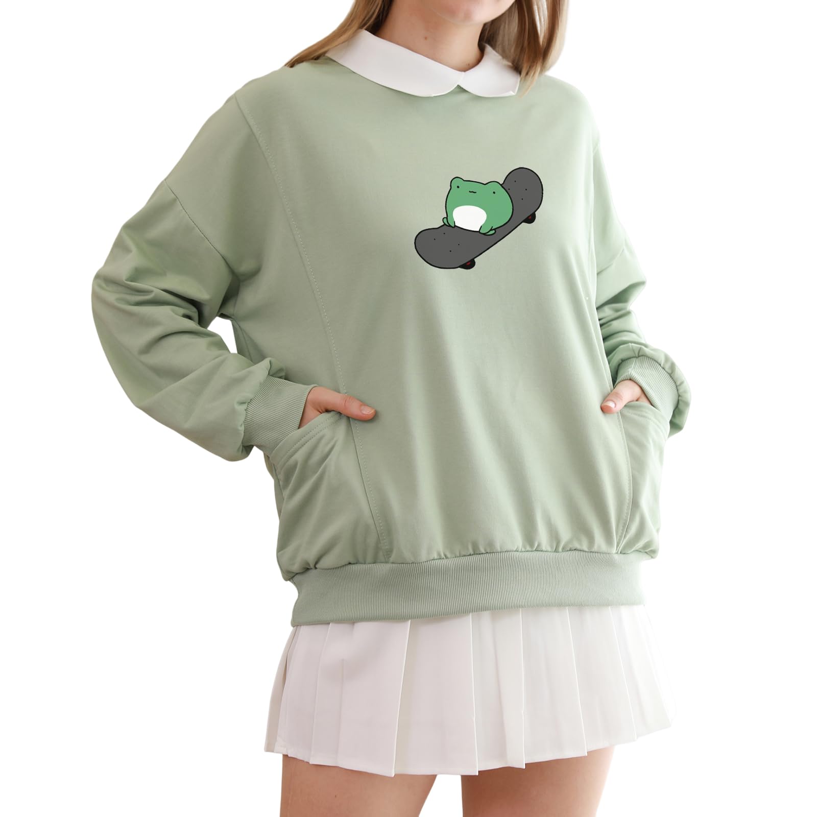 Wrenpies Frog Skateboarding Sweatshirt with Collar Hoodie Cotton Pullover Aesthetic Hoodies for Teen Girls Top Kawaii Clothes (Green,M)