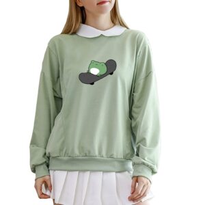 Wrenpies Frog Skateboarding Sweatshirt with Collar Hoodie Cotton Pullover Aesthetic Hoodies for Teen Girls Top Kawaii Clothes (Green,M)