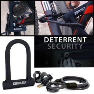 KRASER KR65145B Bicycle U Lock, High Strength, Compact + 120cm/47.2in Cable, Safer and More Practical, ø16 Fork Double Lock Steel, Easy Transport Mount, Universal Anti Theft for Bike E Scooter Ebike