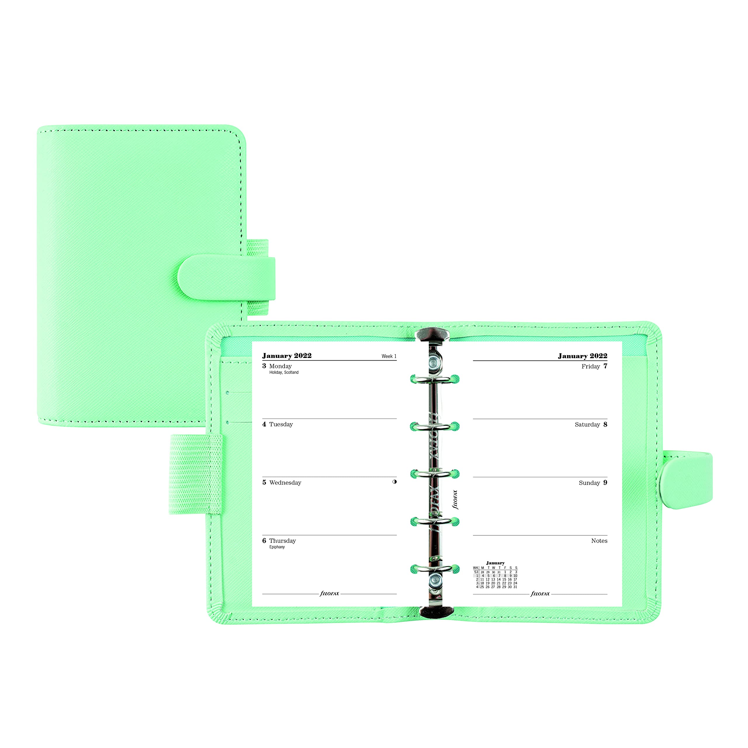 Filofax Saffiano Organizer, Mini Size, Neo Mint - Cross-Grain, Leather-Look, Six Rings, Week-to-View Calendar Diary, Multilingual, 2022 (C028804-22)