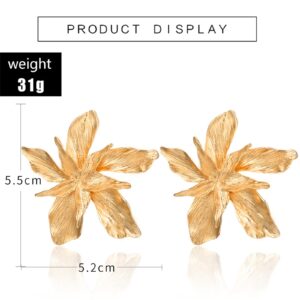 ONLYJUMP 3D Large Flower Earrings for Women Chic Petal Statement Earrings Bohemian Elegant Plated Big Alloy Metal Flower Earrings (Gold Stud Earring)