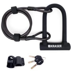 kraser kr65145b bicycle u lock, high strength, compact + 120cm/47.2in cable, safer and more practical, ø16 fork double lock steel, easy transport mount, universal anti theft for bike e scooter ebike