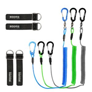 booms fishing t02 fishing pole tether, kayak paddle leash, heavy duty fishing lanyard for fishing tools/rods/paddles, assorted colors 3pcs and rb1 rod tie belts pole straps 4pcs 4.5"