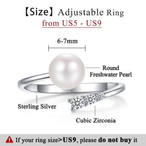 Freshwater Pearl Ring Sterling Silver Rings for Women 925 Adjustable with Cubic Zirconia Open June Birthstone Rings with Real Round Genuine Cultured Stackable