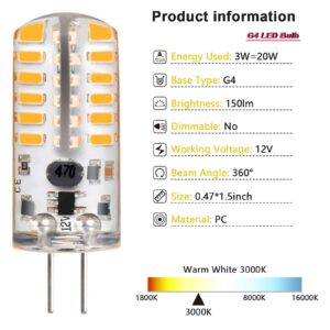 G4 LED Bulbs 12V 3W Bi-Pin LED Light Bulbs 48×3014 SMD 20W Halogen Bulb Replacement Silicone Coated Shatterproof 220 Lumens 360° Beam Angle AC/DC (Warm White), 10 Count (Pack of 1)