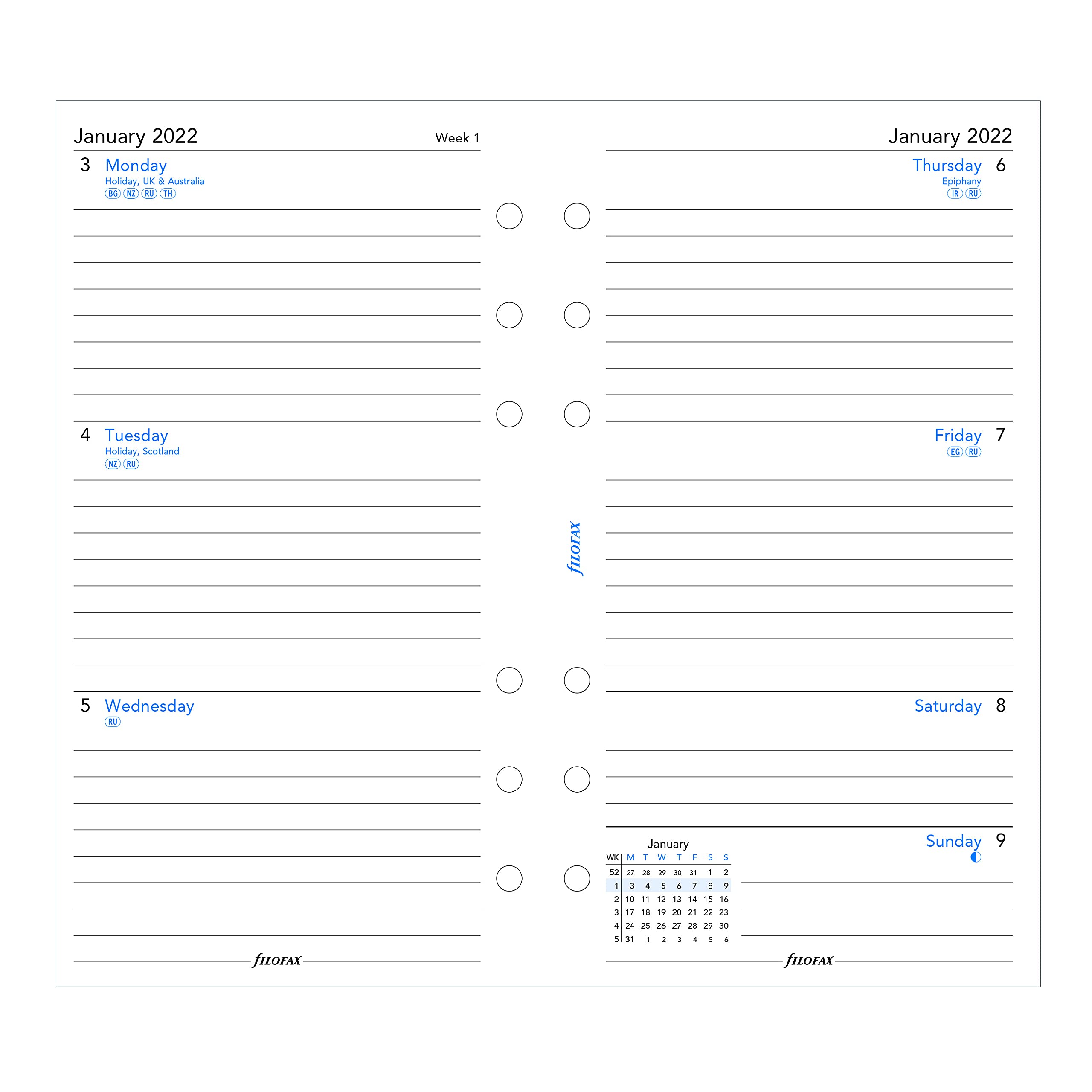 Filofax Refill, Personal/Compact Size, Week-to-View, White Paper, Ruled, English, 2022 (C68418-22)