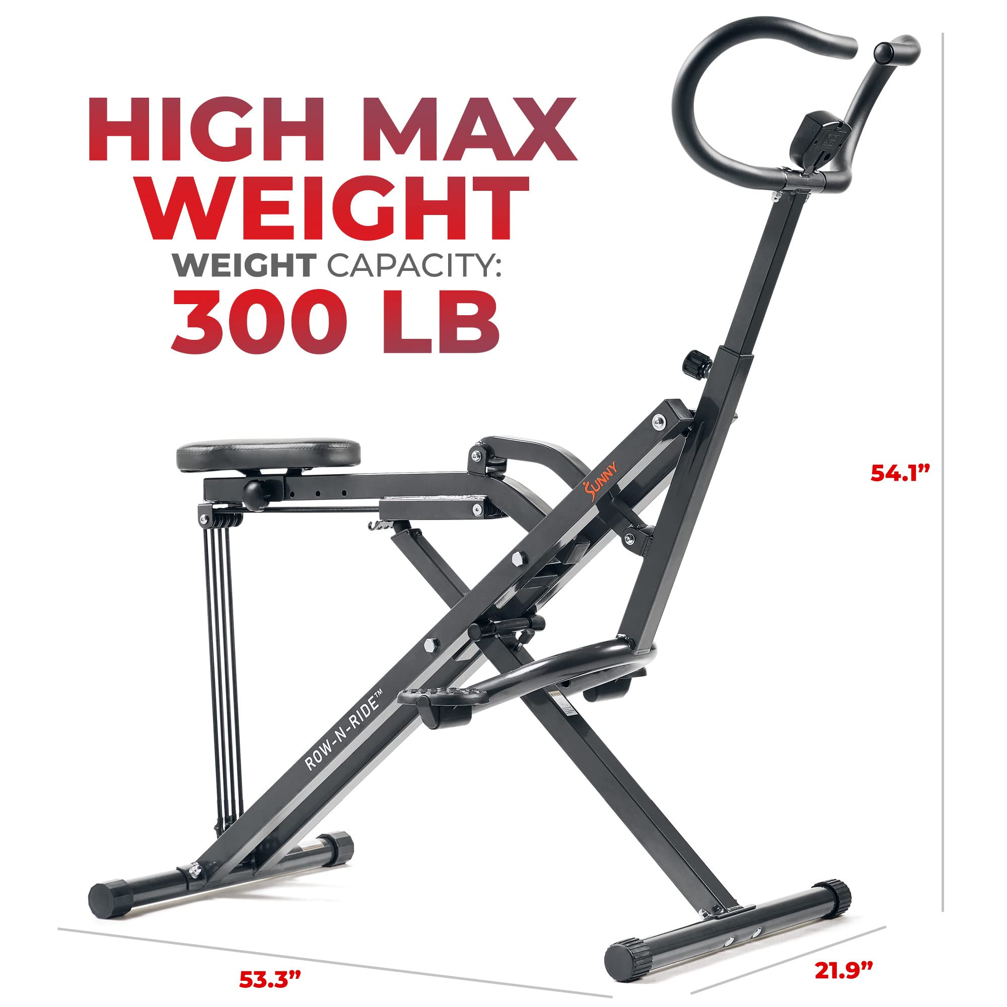 Sunny Health & Fitness Row-N-Ride® Plus, Heavy Duty Assisted Squat Machine with 300 LB Max Weight Capacity, Adjustable Resistance and Thick Padded Seat - NO. 077PLUS