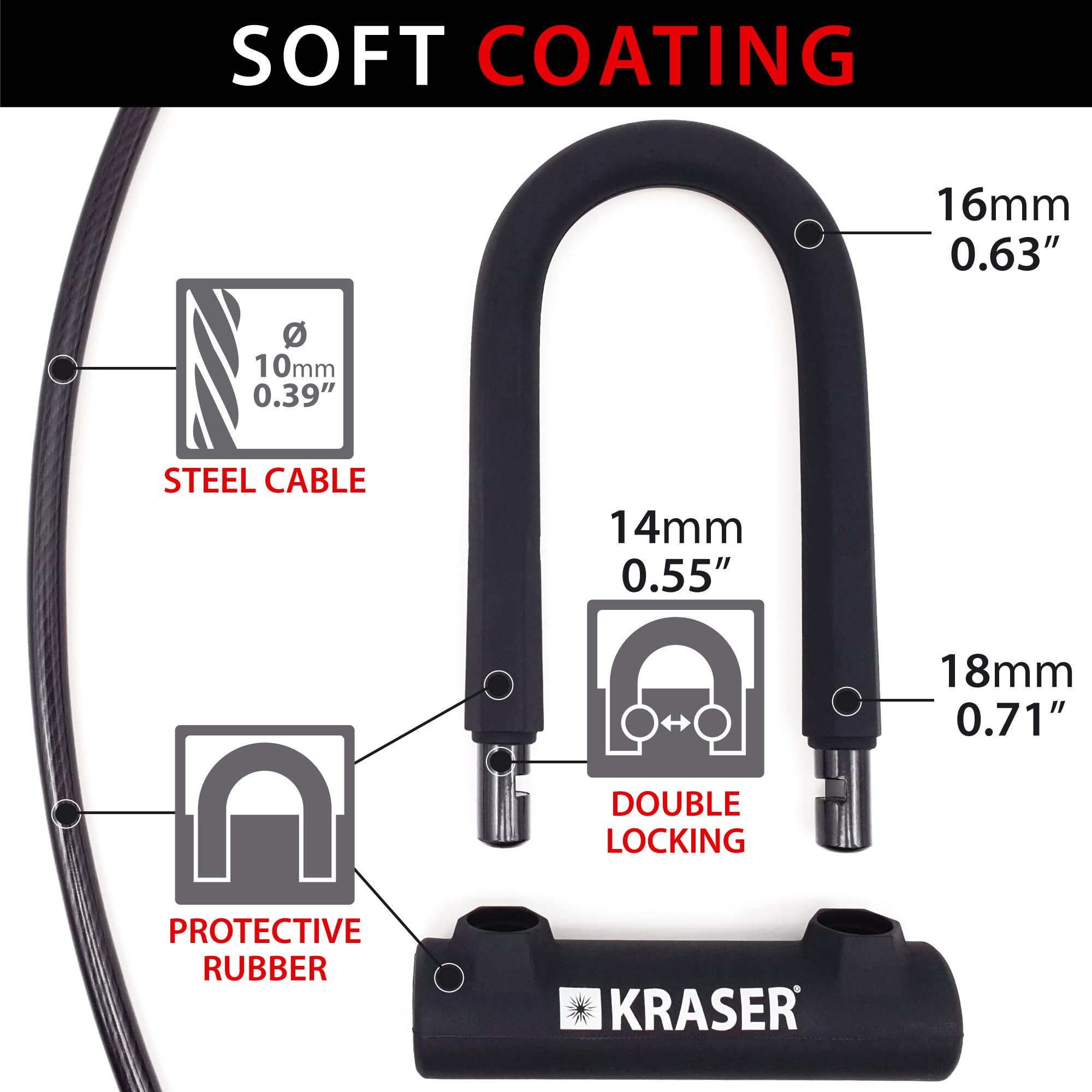 KRASER KR65145B Bicycle U Lock, High Strength, Compact + 120cm/47.2in Cable, Safer and More Practical, ø16 Fork Double Lock Steel, Easy Transport Mount, Universal Anti Theft for Bike E Scooter Ebike