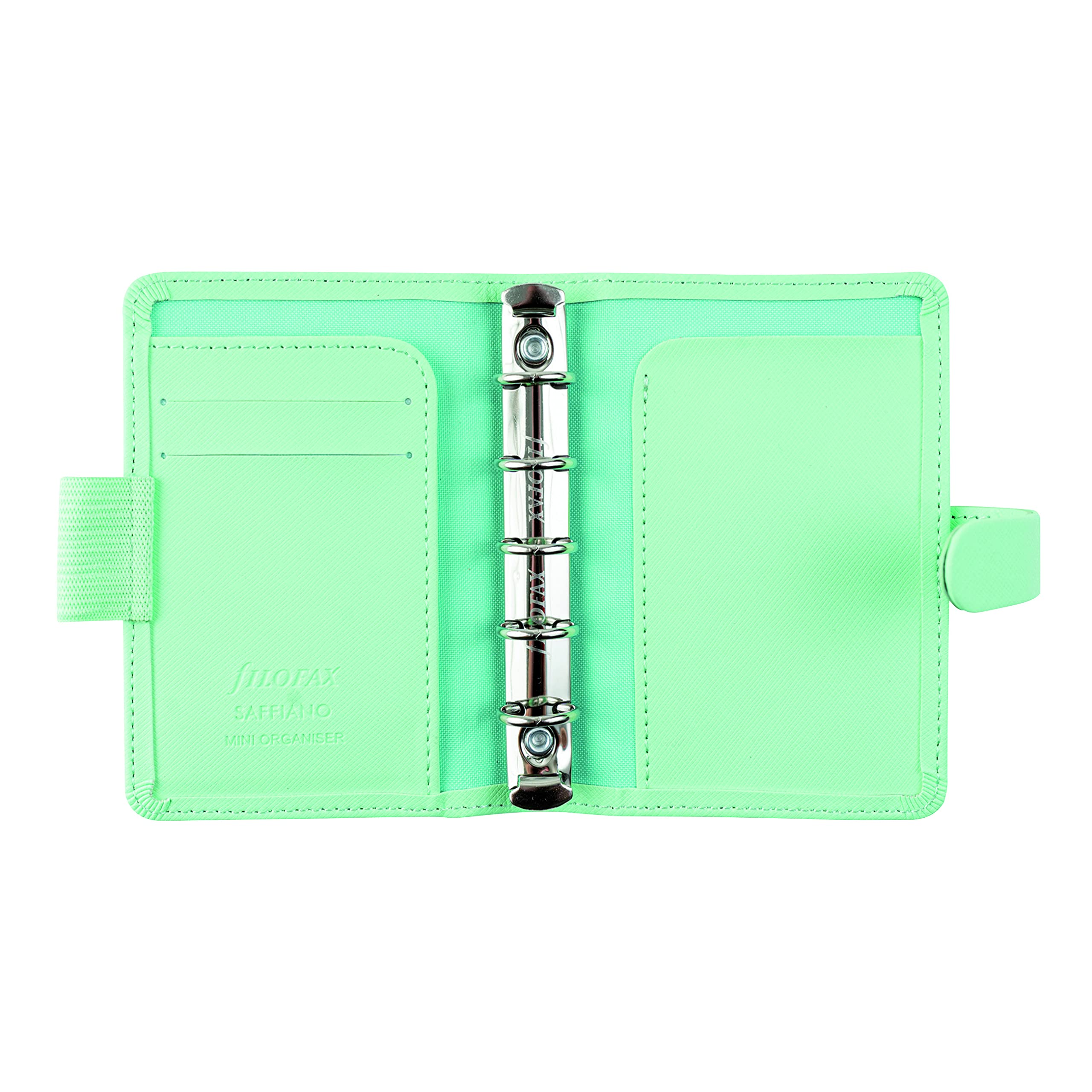 Filofax Saffiano Organizer, Mini Size, Neo Mint - Cross-Grain, Leather-Look, Six Rings, Week-to-View Calendar Diary, Multilingual, 2022 (C028804-22)