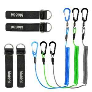 booms fishing t02 fishing pole tether, kayak paddle leash, heavy duty fishing lanyard for fishing tools/rods/paddles, assorted colors 3pcs and rb1 rod tie belts pole straps 4pcs 5.9"