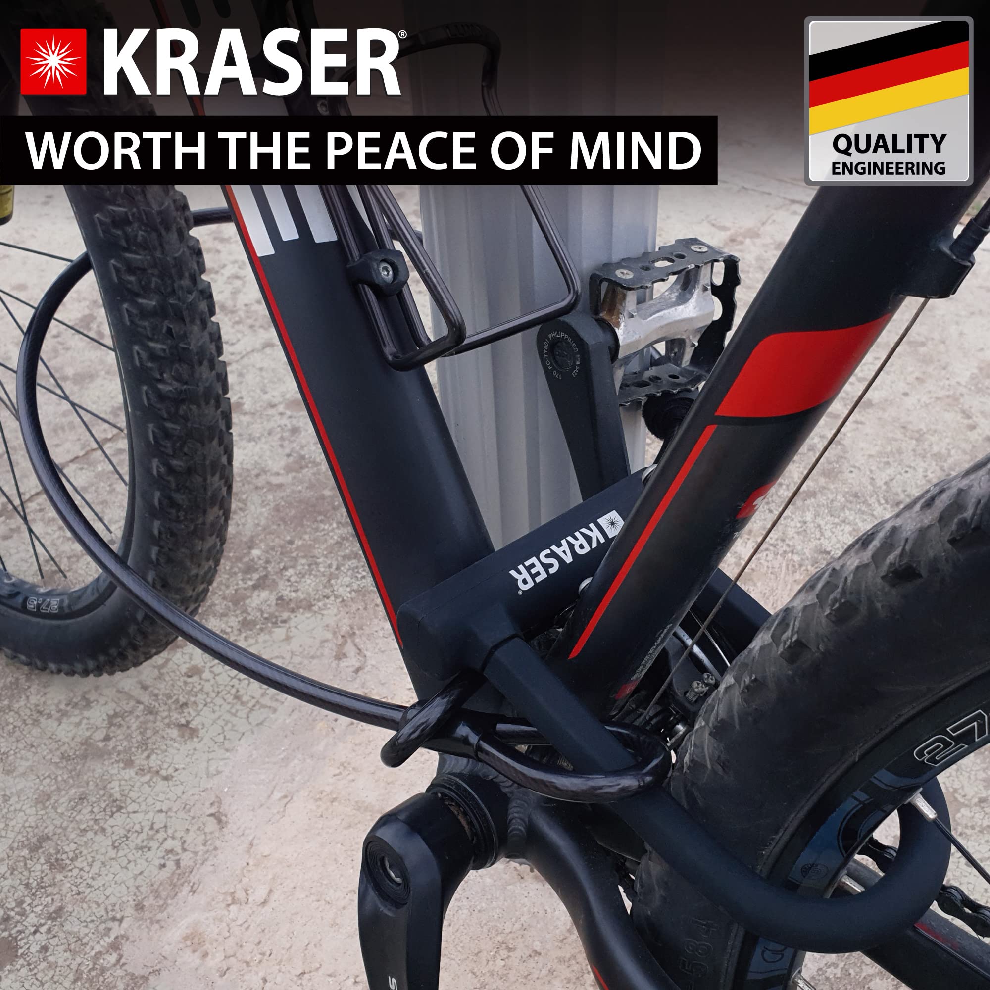 KRASER KR65145B Bicycle U Lock, High Strength, Compact + 120cm/47.2in Cable, Safer and More Practical, ø16 Fork Double Lock Steel, Easy Transport Mount, Universal Anti Theft for Bike E Scooter Ebike