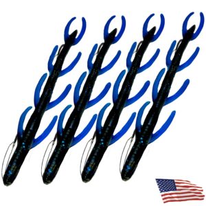 delong lures 6" weedless leggy kilr fishing worms for bass, pike, and other sport fish, soft plastic for bass fishing, pike fishing lures baits tackle worms for fishing (black/blue)