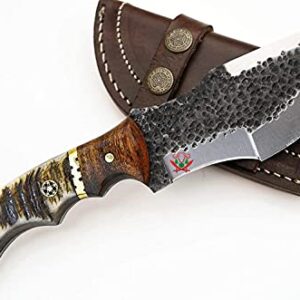 FB LEATHER CRAFTS D2 Tracker Hunting Knife Large Knives Survival Skinning Hammered Sheath Steel 9.75 Inches