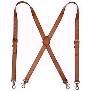 PAHVRION Mens Suspenders X Back Design Leather Suspenders Adjustable Brown Braces Groomsmen Gift for Wedding