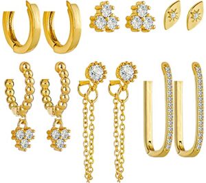 6pair small gold huggie hoop earrings for women,14k gold plated earring set, huggies earrings, cartilage hoop earring, trendy dainty tiny cubic zirconia beaded chain twisted earrings packs (gold color-a)