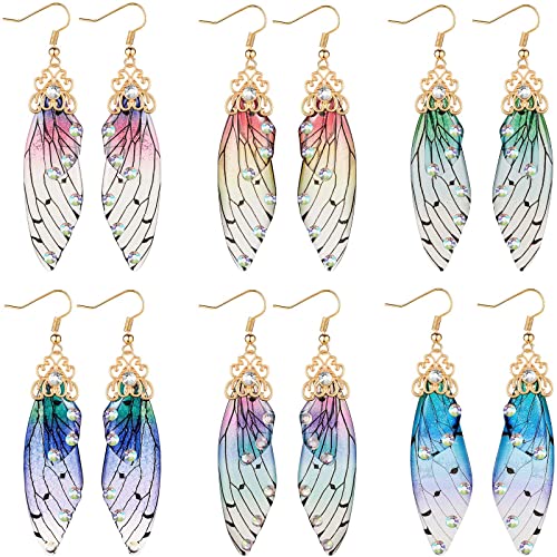 6 Pairs Fairy Earrings for Women Butterfly Wing Earrings Multicolored Long Dangling Earrings for Spring Summer Beach Wedding Party, Handmade Simulation Faerie Cicada Wing Drop Crystal Jewelry