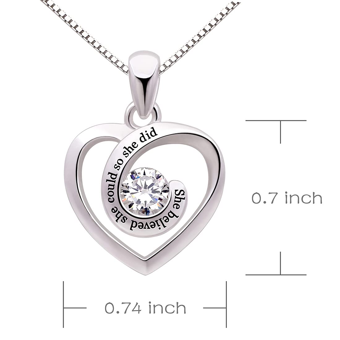 ALOV Jewelry Sterling Silver She believed she could so she did Love Heart Cubic Zirconia Pendant Necklace