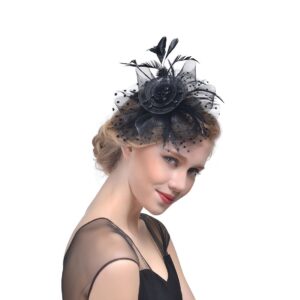 women fascinator hat wedding fascinator pillbox hat party hat bridal hair accessories feather flower dotted mesh hat beaded black, one size