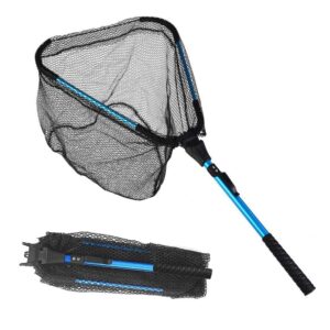 lbw folding rubber fishing net, kayak fishing net for saltwater or freshwater, collapsible fishing landing net, catfish, bass, trout net, compact fishing net with handle