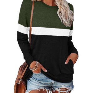 Magritta Girls Loose Fit Tunic Tops with Pockets Crew Neck Stretchy Long Sleeve Striped Color Block Sweatshirt Pullover for Women Green Black X-Large