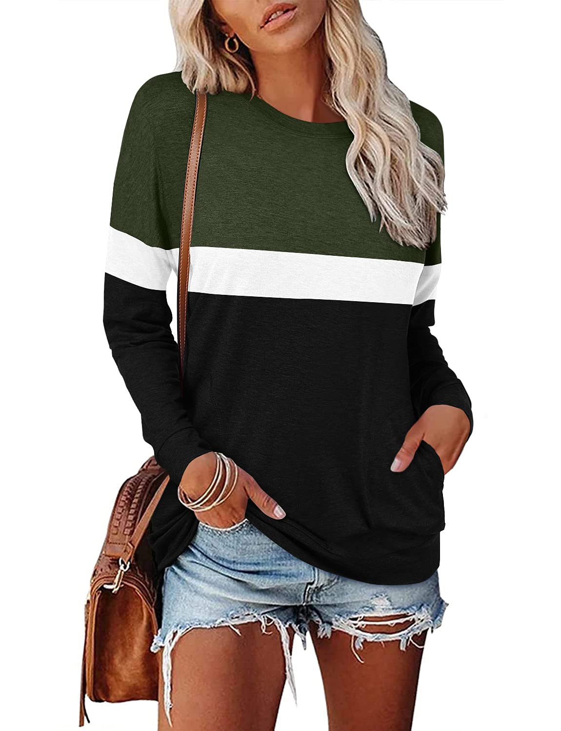 Magritta Girls Loose Fit Tunic Tops with Pockets Crew Neck Stretchy Long Sleeve Striped Color Block Sweatshirt Pullover for Women Green Black X-Large