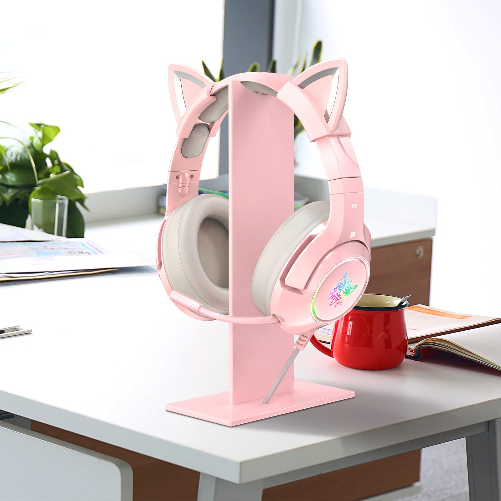 SIMGAL Pink Headphones Stand, Universal Gaming Headset Holder Hanger with Stable Base K9 Cat Ear Headset(Not Included) and All Headphones