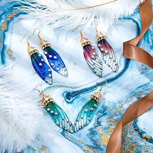 6 Pairs Fairy Earrings for Women Butterfly Wing Earrings Multicolored Long Dangling Earrings for Spring Summer Beach Wedding Party, Handmade Simulation Faerie Cicada Wing Drop Crystal Jewelry