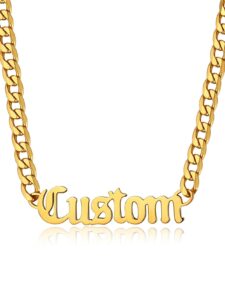 custom name necklace for men, gold nameplated personalized initial name choker necklace with curb chain personalized jewelry gift for women