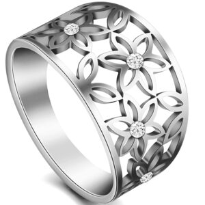 jude jewelers stainless steel carved flower pattern promise wedding statement cocktail party ring (silver, 8)