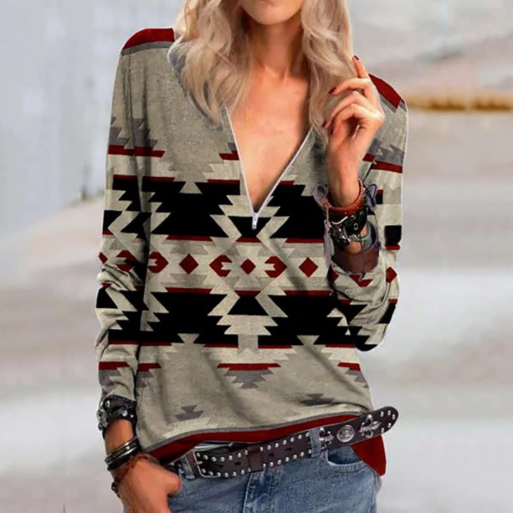 Janepam Womens Tops Shirt Long Sleeve Ethnic Boho Tribal Pattern Plaid Aztec Ombre Graphic Print V-Neck Zipper Loose Blouse(C Brown,2XL)