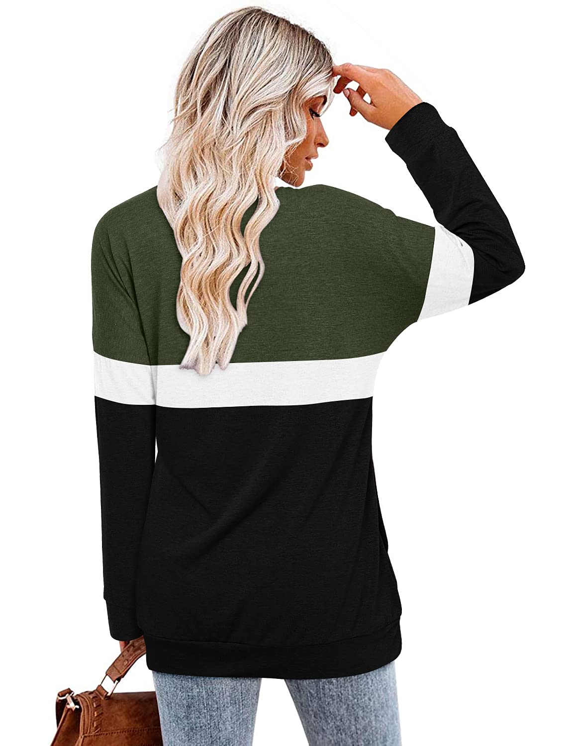 Magritta Girls Loose Fit Tunic Tops with Pockets Crew Neck Stretchy Long Sleeve Striped Color Block Sweatshirt Pullover for Women Green Black X-Large