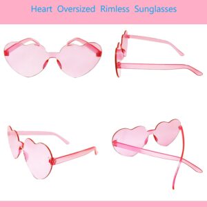 JFTOWN 12 Pairs Heart Shape Rimless Valentines Sunglasses Candy Color Frameless One Piece Love Glasses Tinted Eyewear for Women Party Favor (Pink)