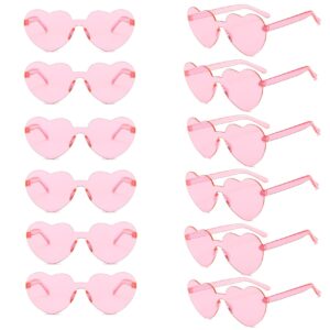 JFTOWN 12 Pairs Heart Shape Rimless Valentines Sunglasses Candy Color Frameless One Piece Love Glasses Tinted Eyewear for Women Party Favor (Pink)